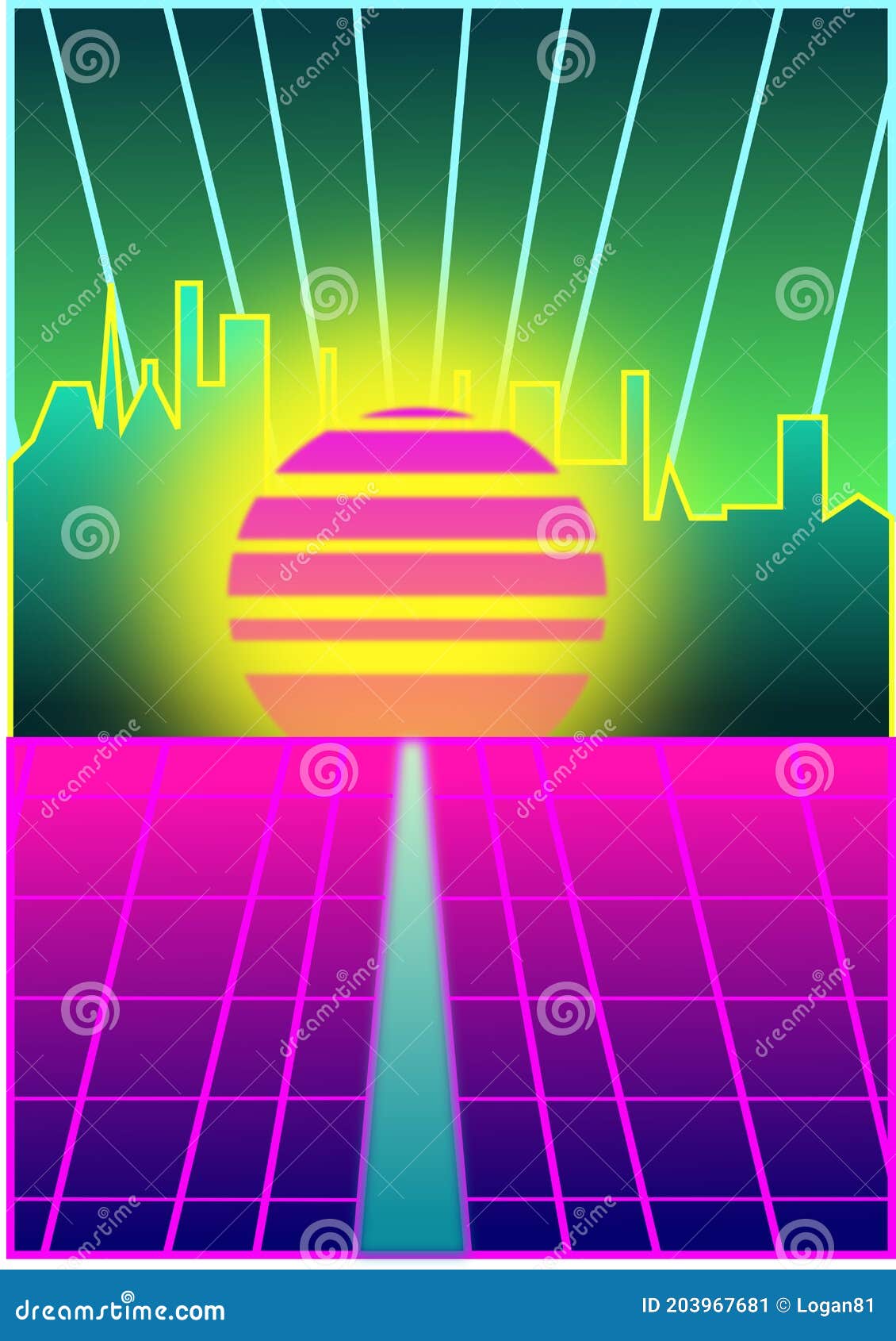 City Skyline Retro Synthwave Wallpaper Cartoon Vector | CartoonDealer ...