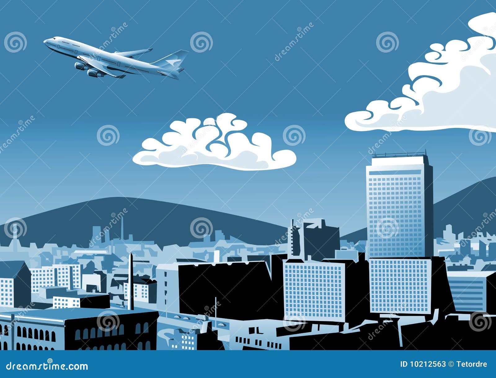City Skyline with Starting Airplane Stock Illustration - Illustration ...