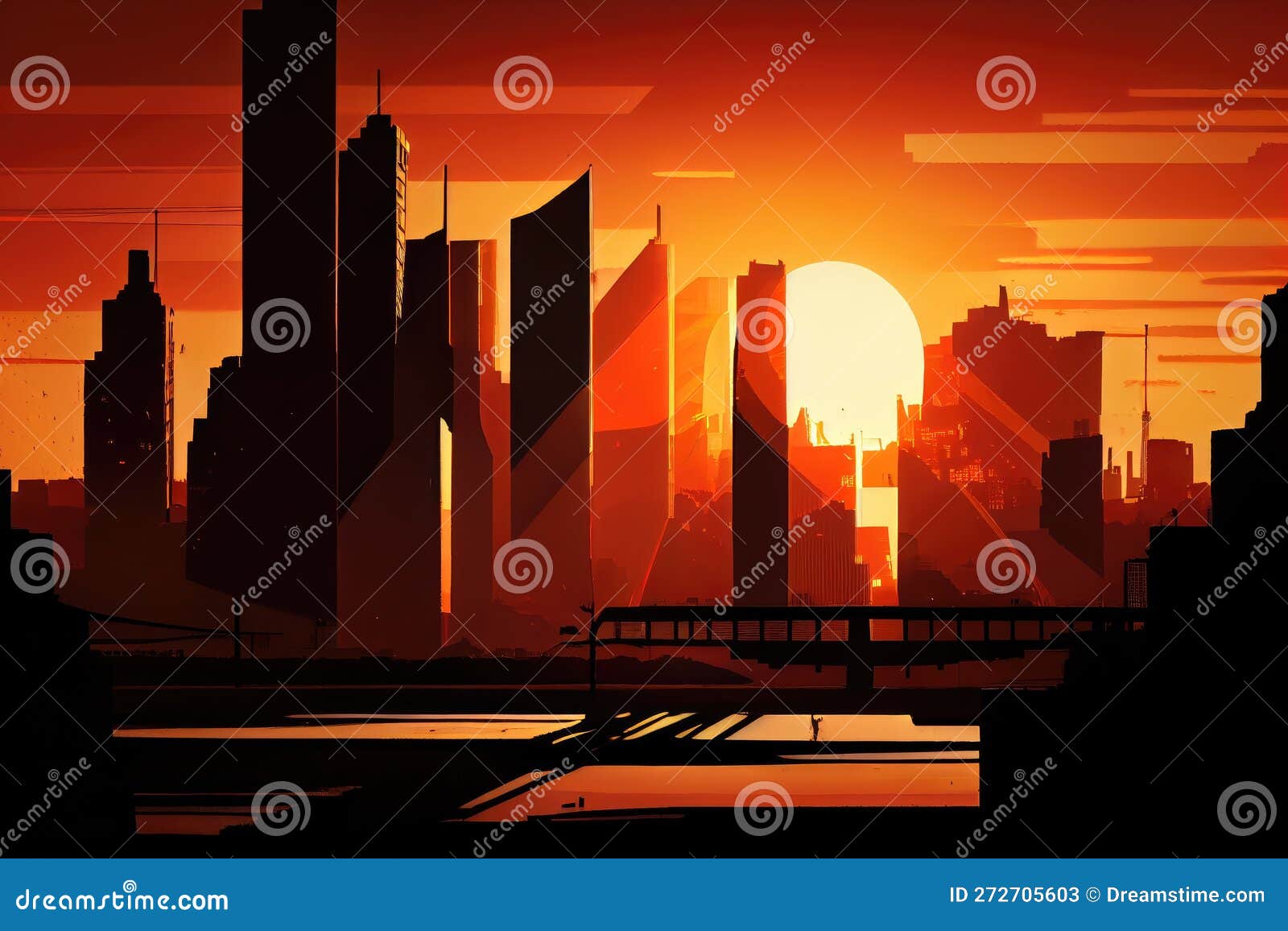 City Skyline, with Sun Setting Behind the Buildings, Providing Warm ...