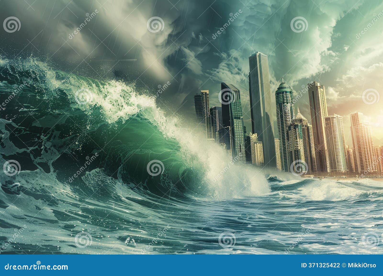 Massive Tsunami Wave Crashes Onto The Shore, Dwarfing A Lone Beacon, A ...