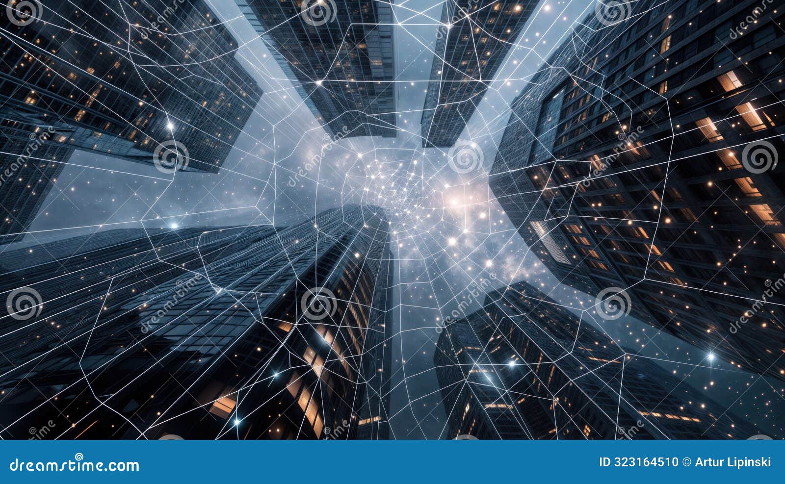 A City Skyline with a Web-like Structure between Buildings Stock ...