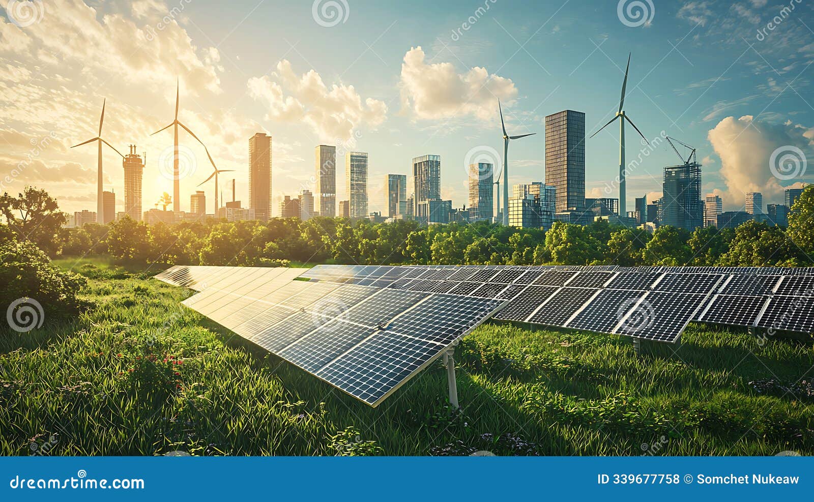 City Skyline with Wind Turbines and Solar Panels Stock Illustration ...