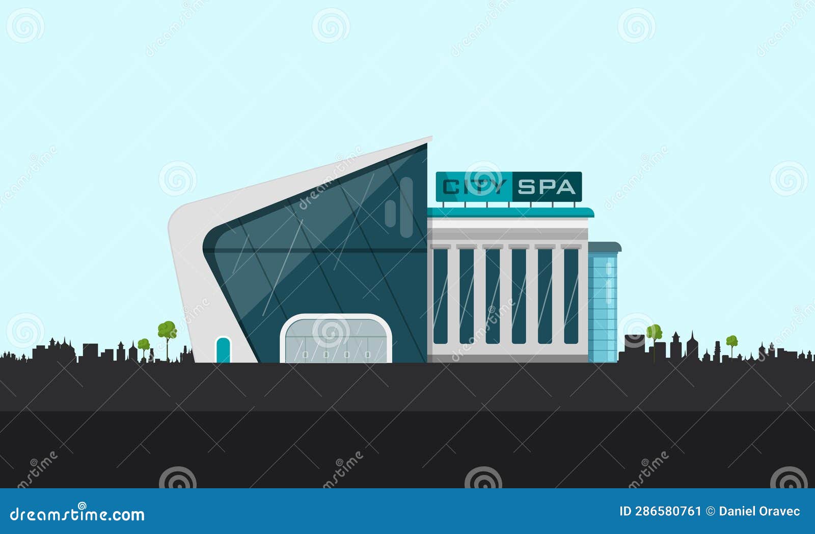 City Spa Modern Building with Skyline on Background Stock Vector ...