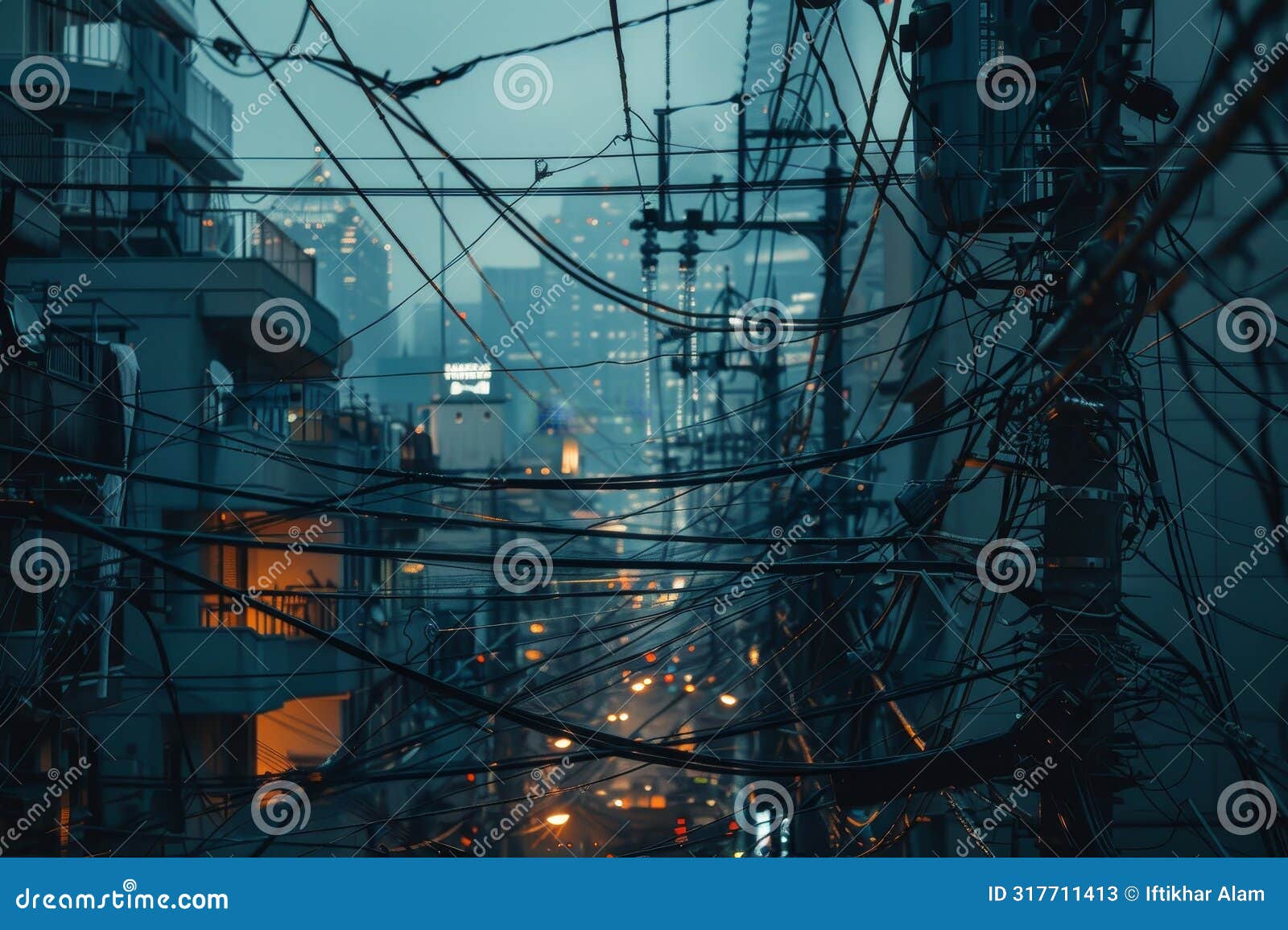 City Street Crowded with Multiple Power Lines and Cables Creating a ...
