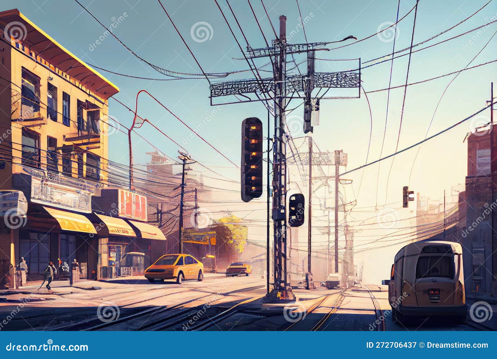 City Street Intersection with Overhead Tramway and Overhead Power Lines ...