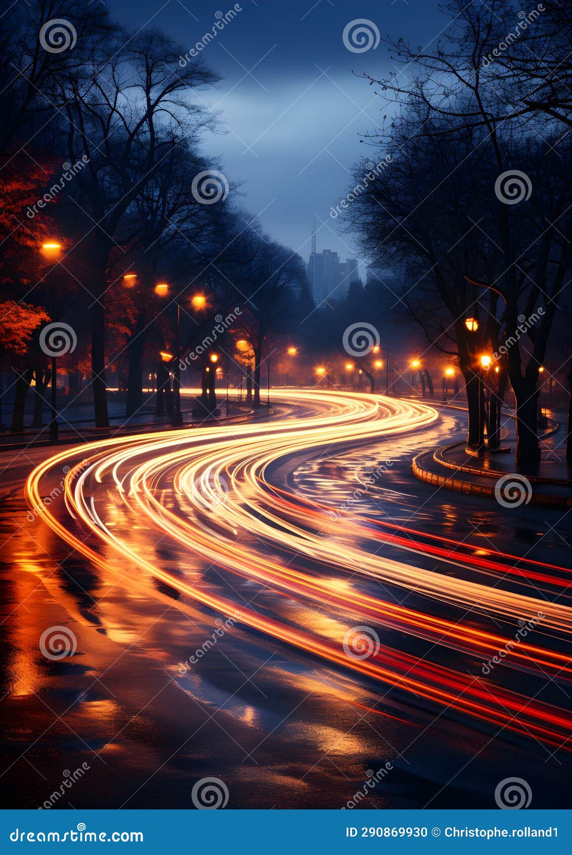 City Street by Night Under the Rain - Light Trails - Generative AI ...