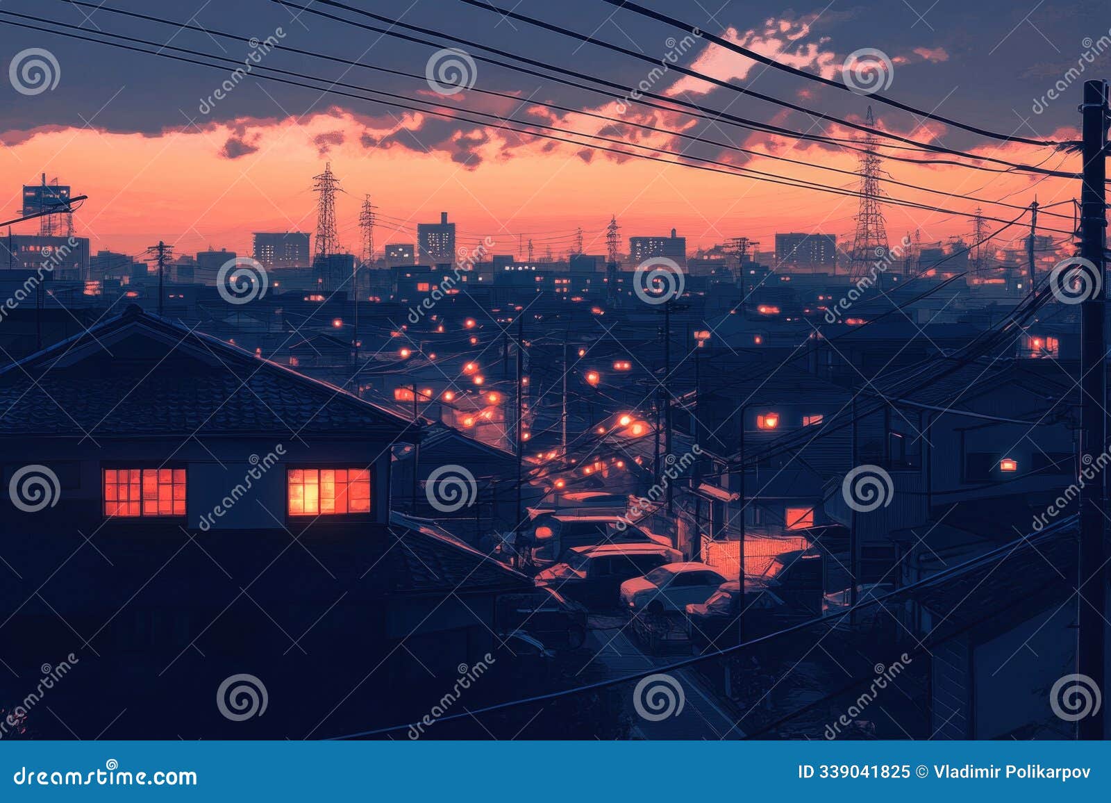 A City Street Scene at Sunset with a Single Street Light Shining Down ...