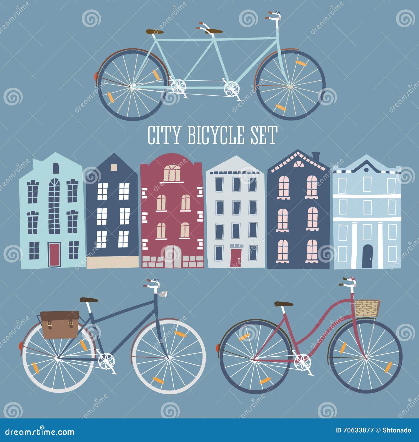 City Style Colorful Cycles and Houses Set Stock Illustration ...