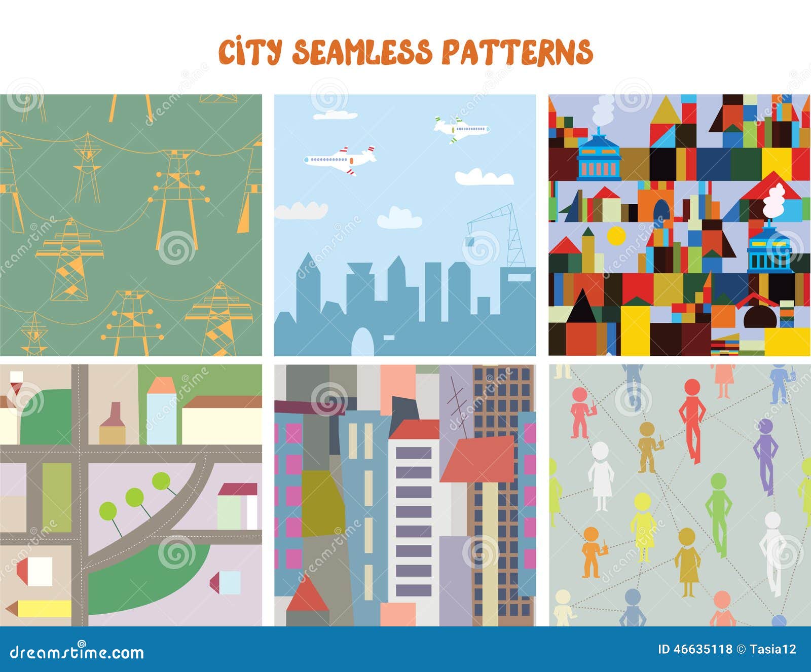 City and Town Seamless Patterns Set Stock Vector - Illustration of ...