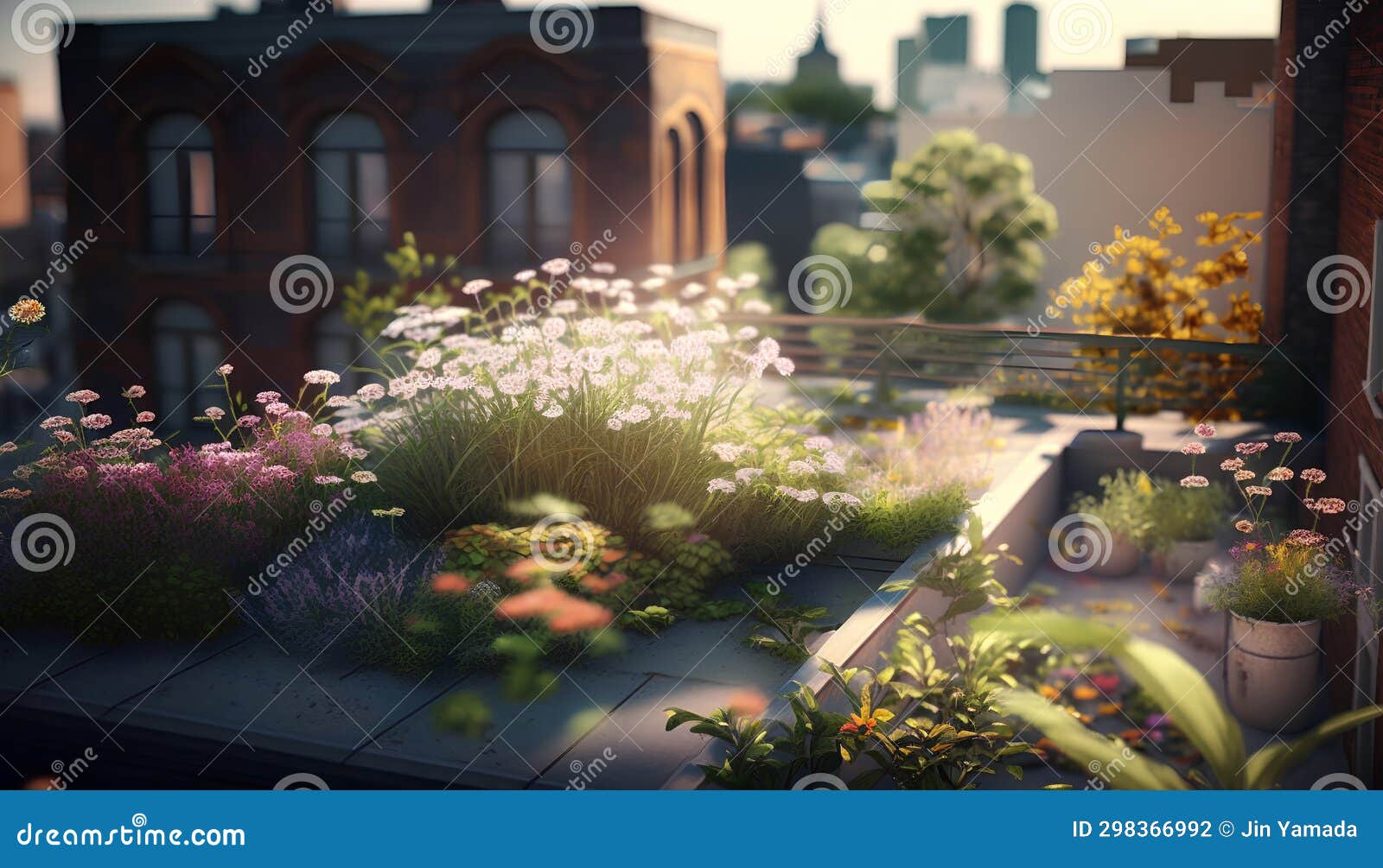 City View from the Terrace with Flowers. 3d Render Stock Illustration ...