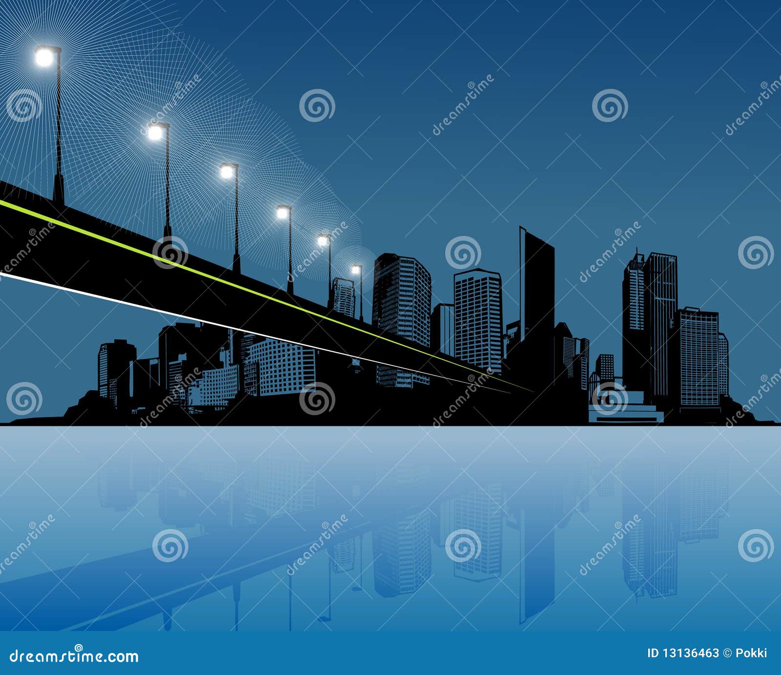 City with Water and Bridge. Stock Vector - Illustration of reflect ...