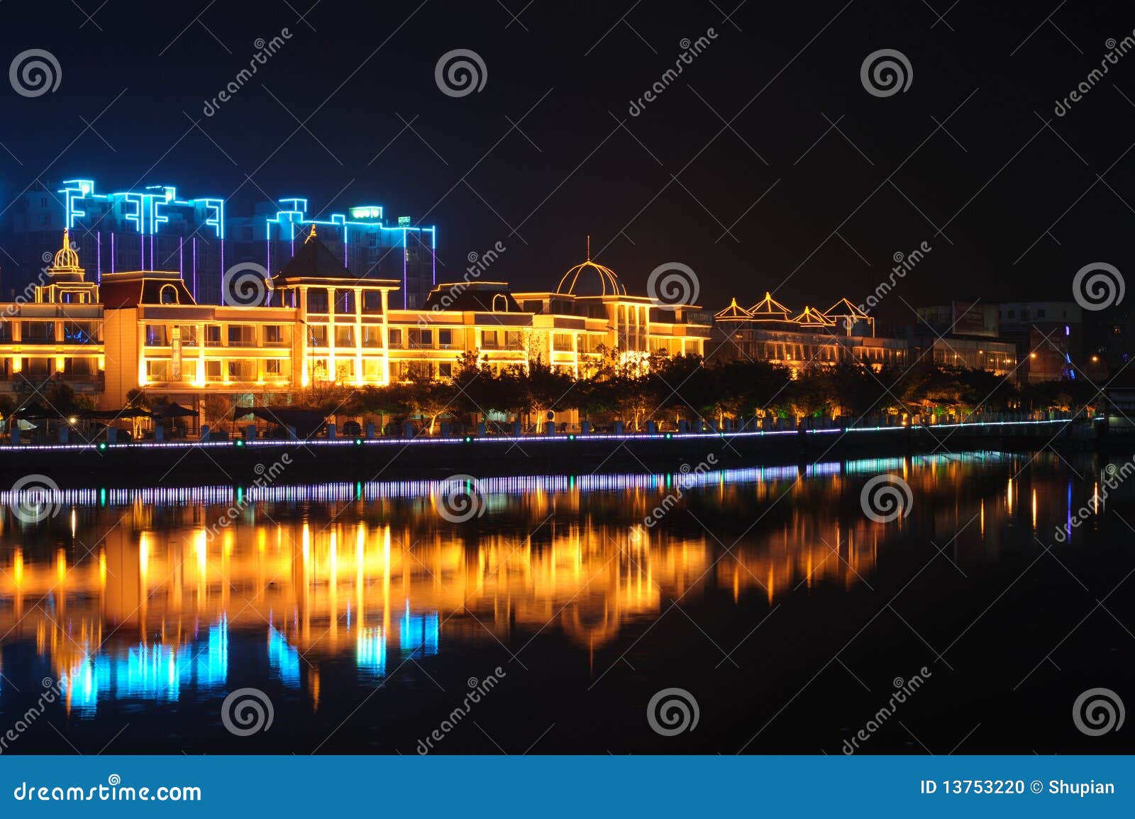 City by water at night stock photo. Image of night, metropolitan - 13753220
