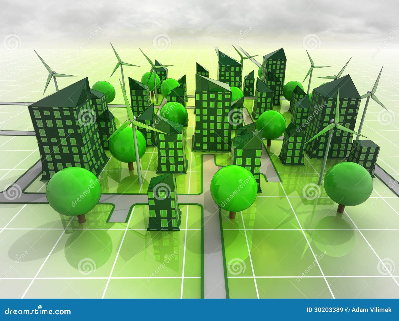 City Windmill Powered Concept Stock Illustration - Illustration of ...