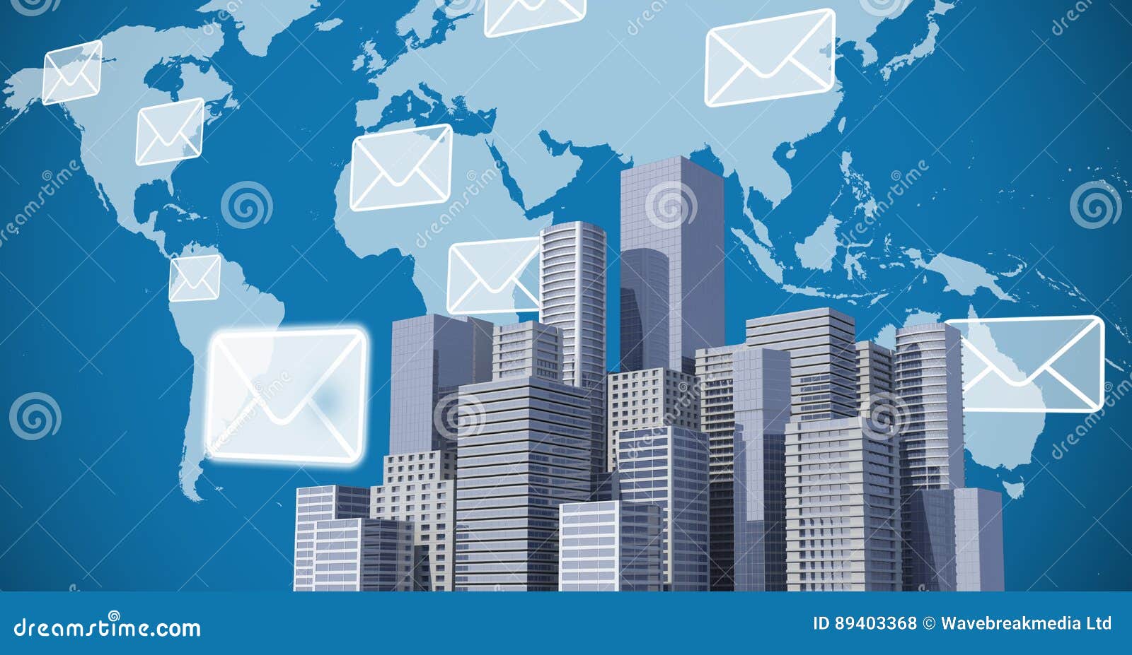City with World Map and Emails Stock Illustration - Illustration of ...