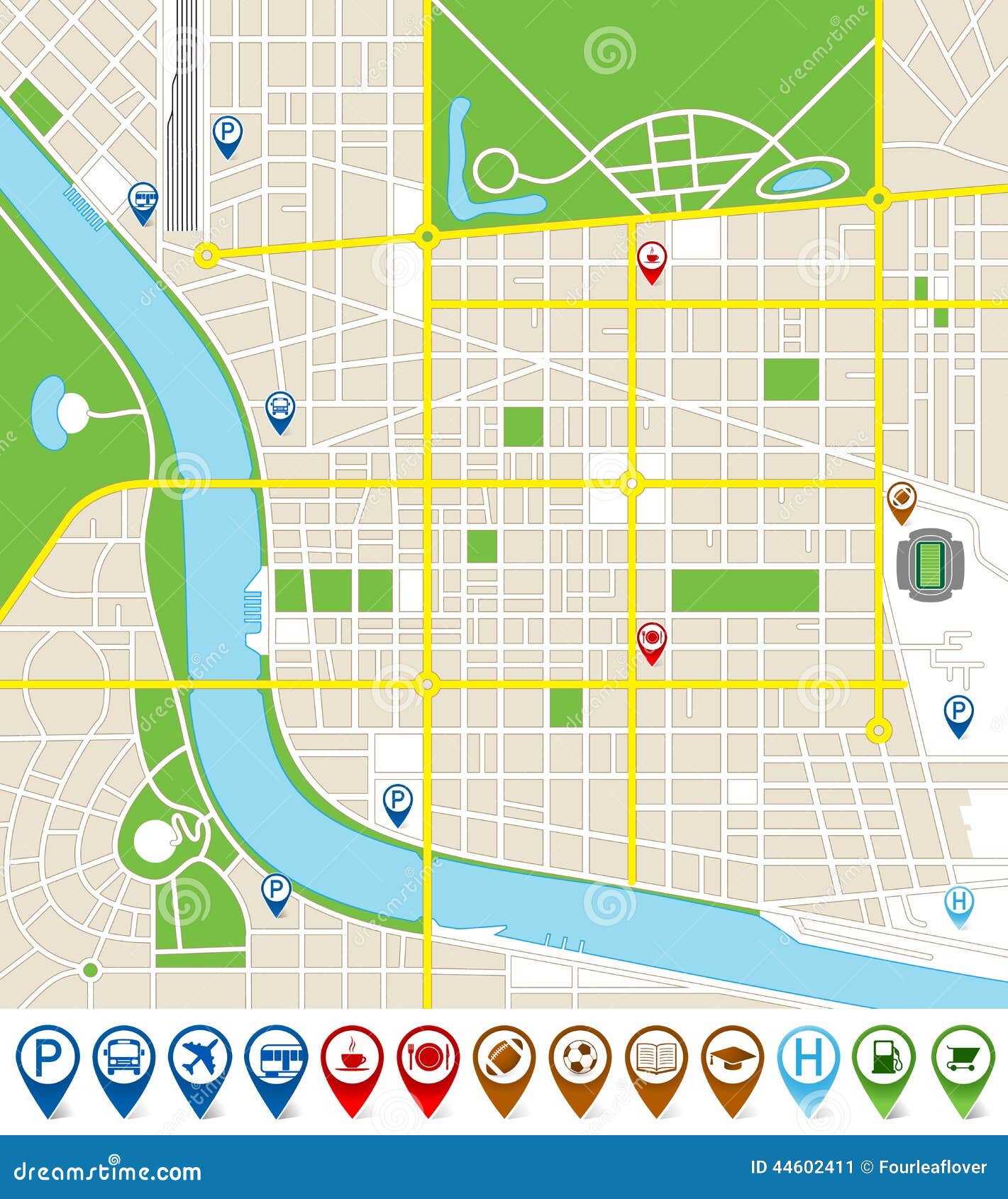 Citymap with marker icons stock vector. Illustration of vector - 44602411