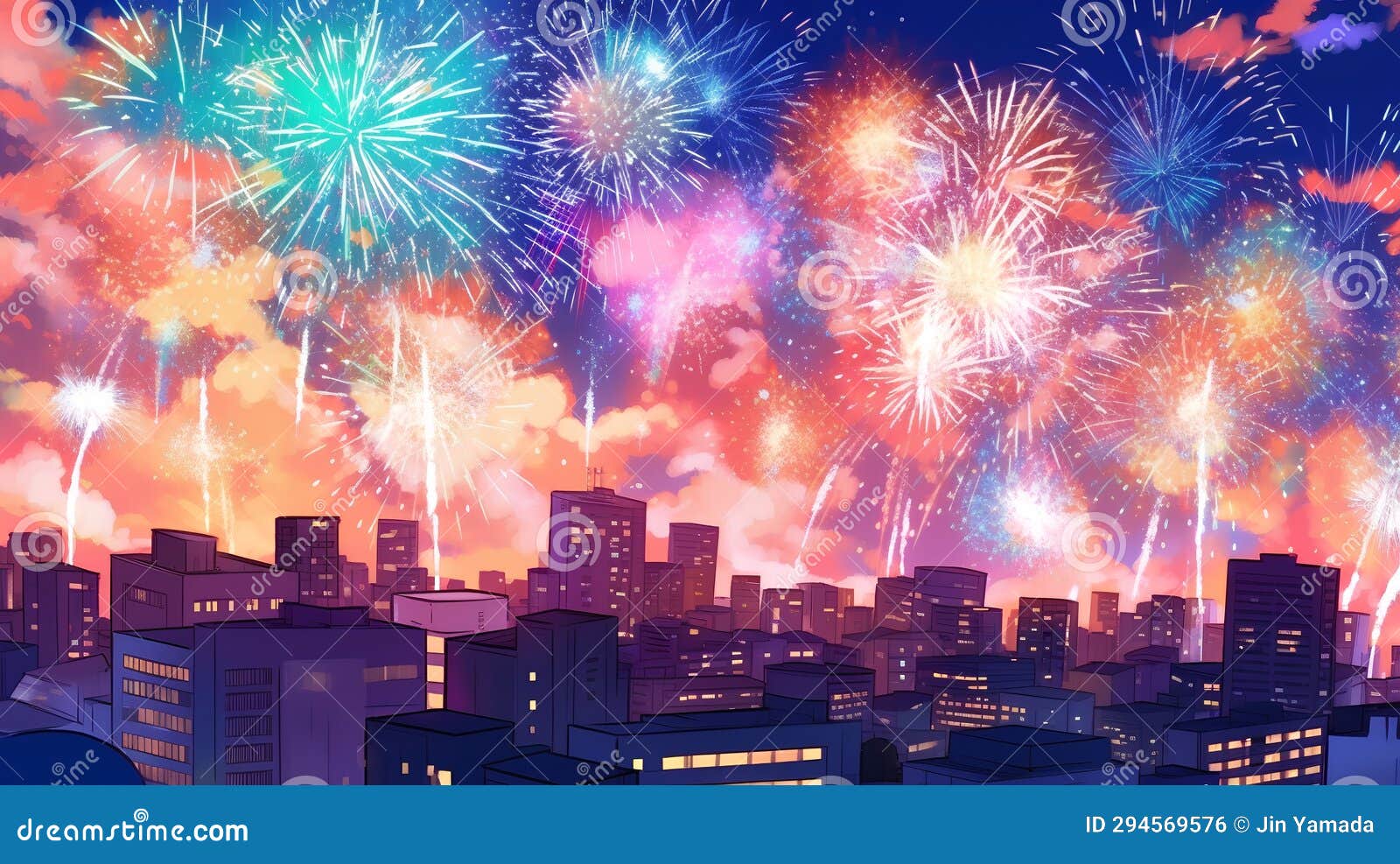 Cityscape Background with Fireworks and Skyscrapers. Vector ...