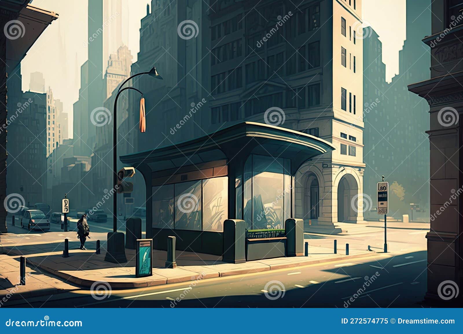 Cityscape of Bustling Metropolis, with Empty Bus Stop in the Foreground ...
