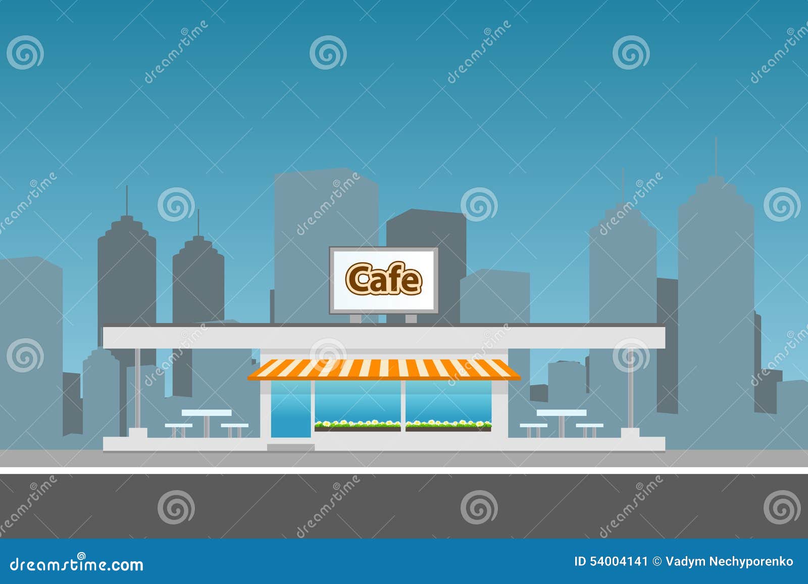 Cityscape with Cafe Building. Flat Illustration Stock Vector ...