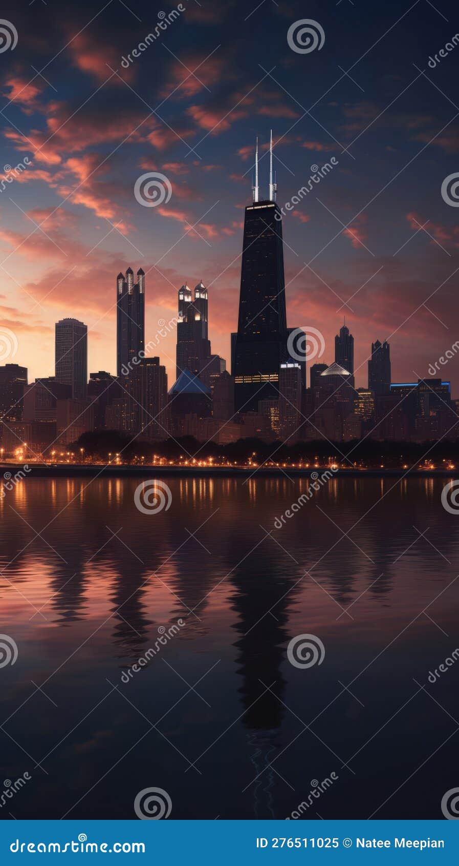 Cityscape of Chicago at Dusk with Lights from the Skyline. Generative ...