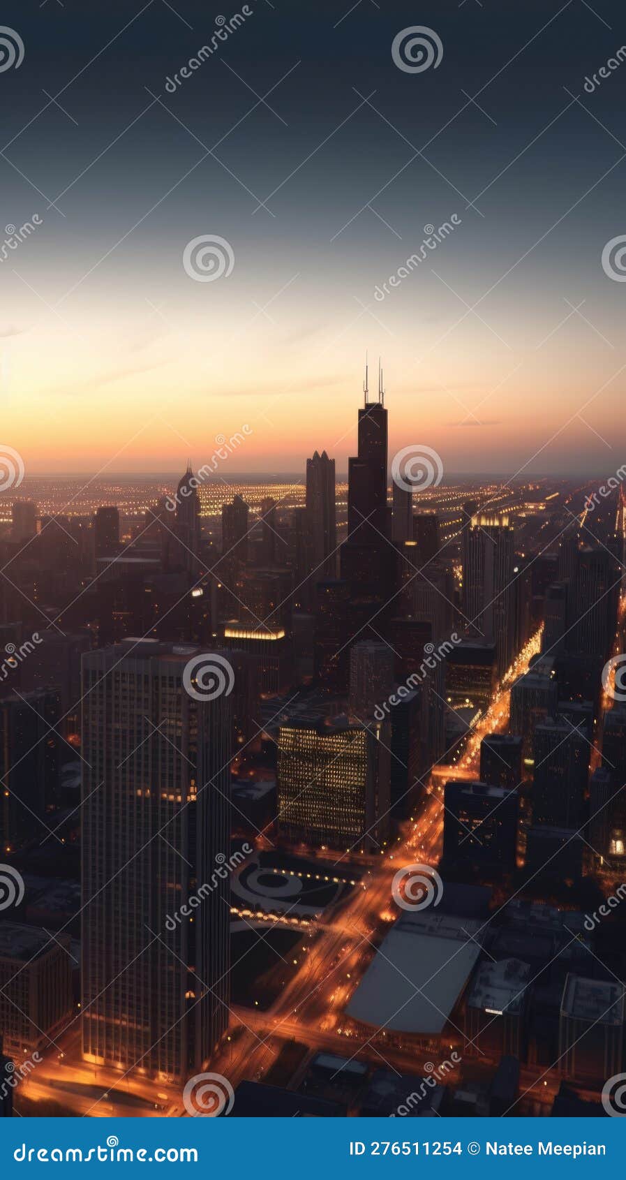 Cityscape of Chicago at Dusk with Lights from the Skyline. Generative ...