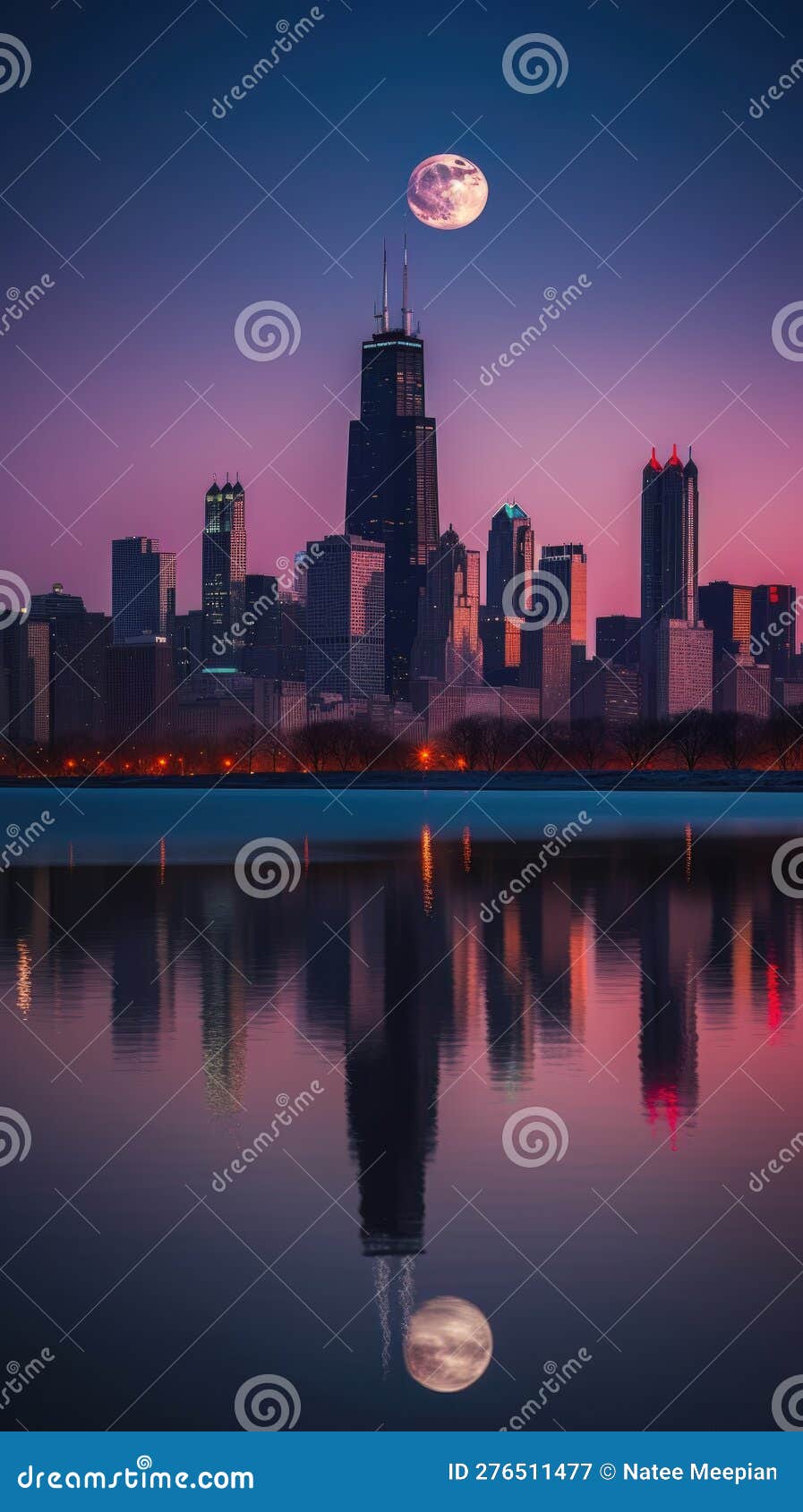 Cityscape of Chicago at Dusk with Lights from the Skyline. Generative ...