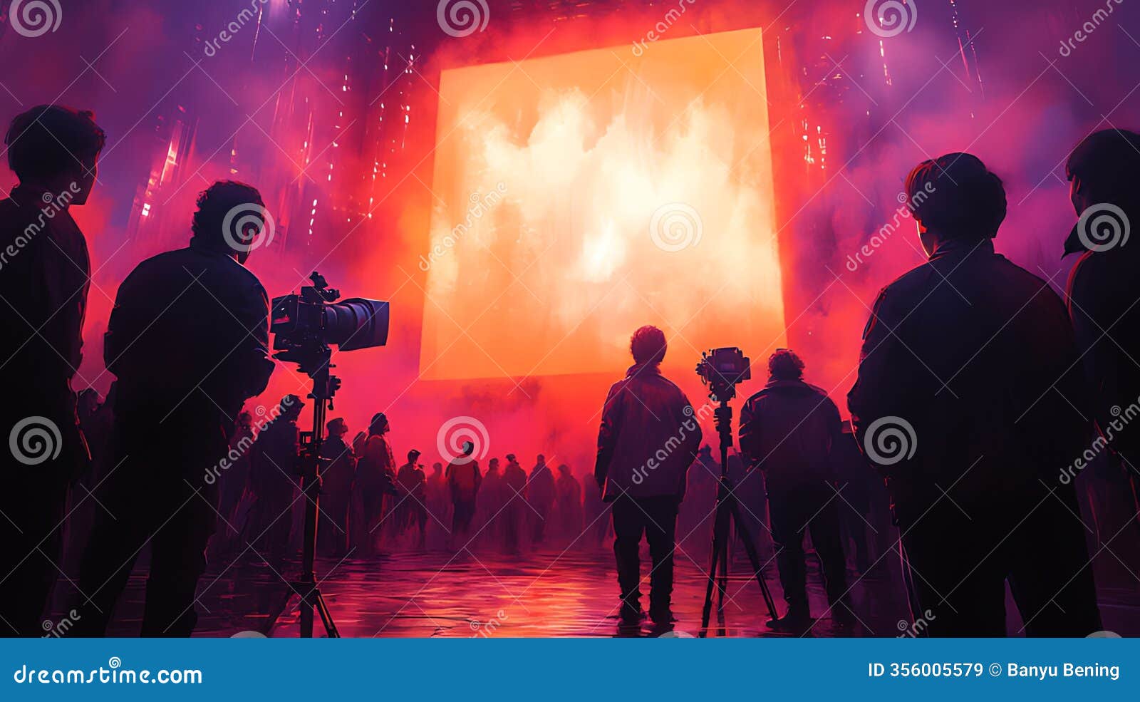Cityscape Crowd Filming Fiery Digital Display Stock Illustration ...