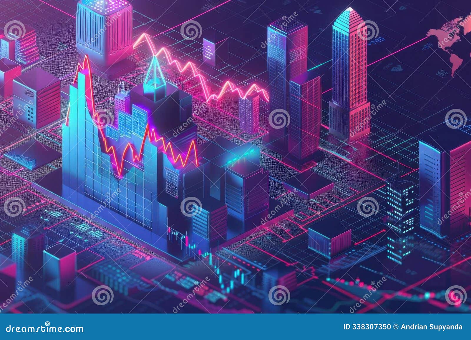 Cityscape with a Digital Chart Showing Fluctuations Stock Illustration ...