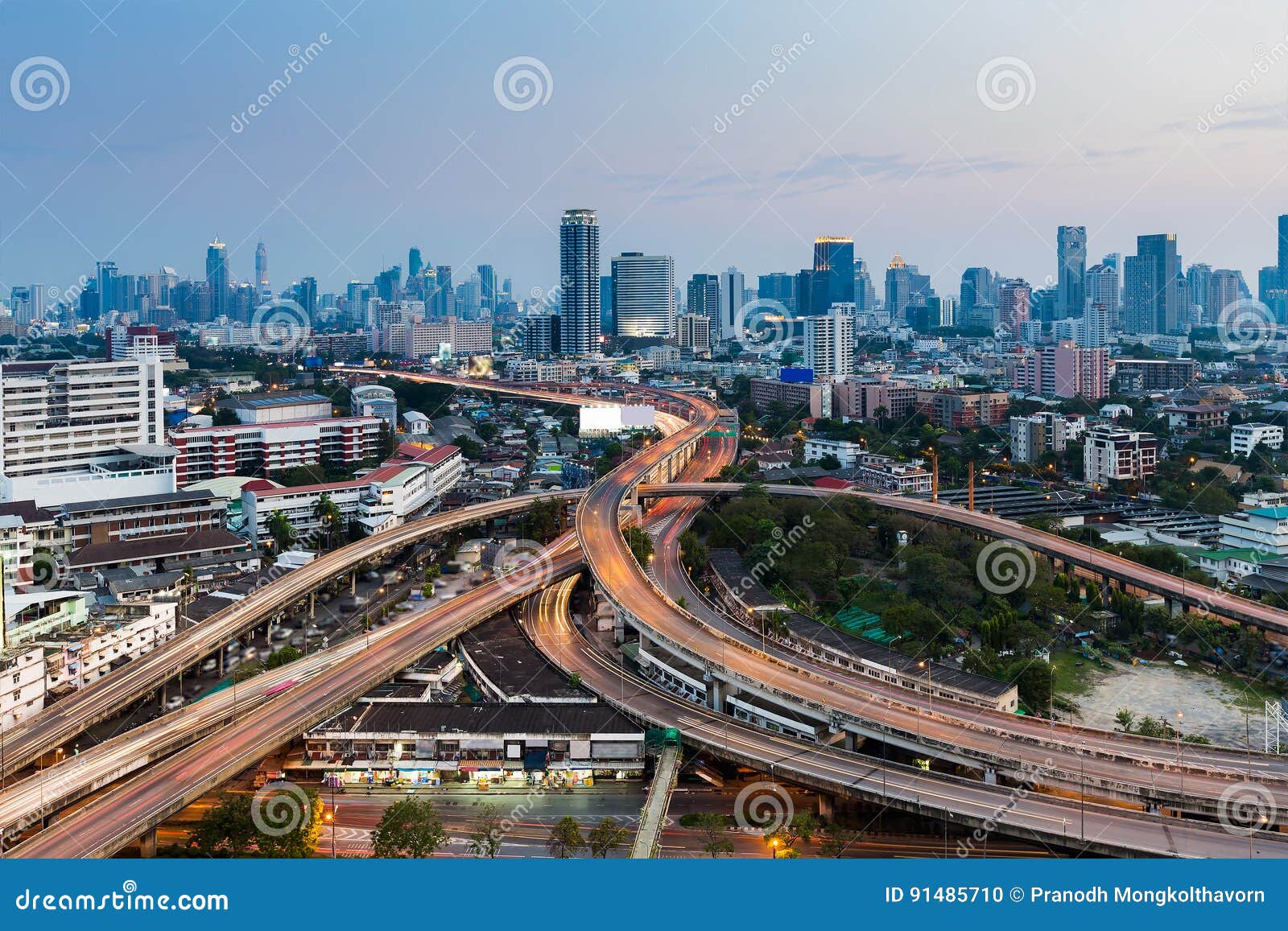 Cityscape Downtown Background Over Highway Intersection Stock Photo ...