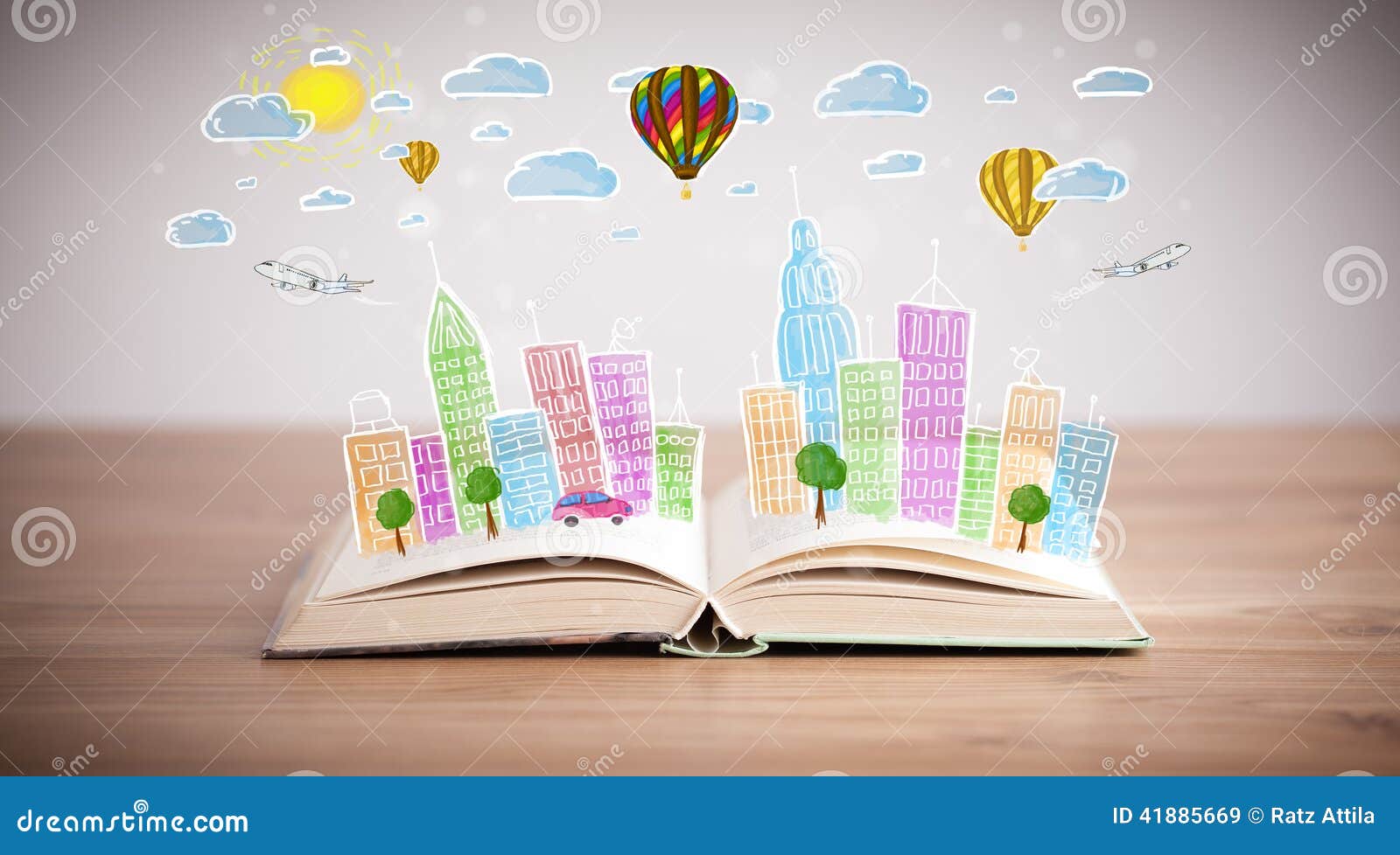 Cityscape Drawing on Open Book Stock Image - Image of cartoon, city ...