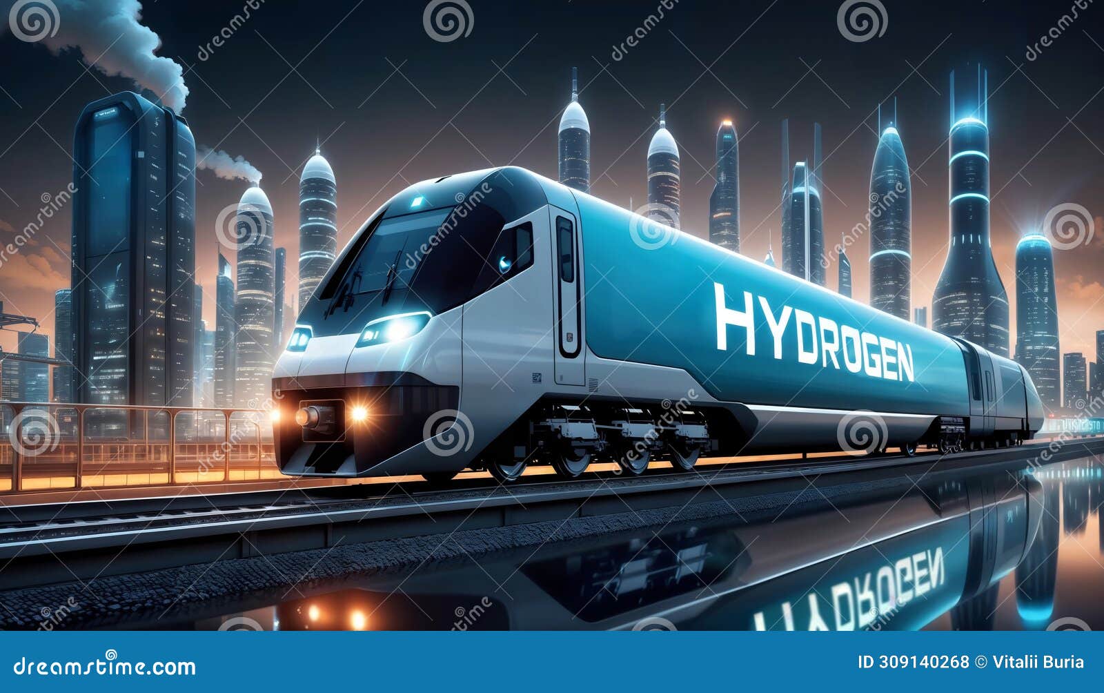 Cityscape Express: High-Speed Hydrogen Train at Night, Generative Ai ...
