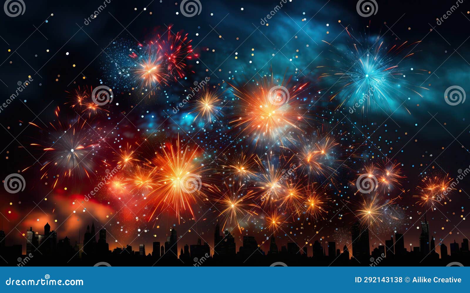 Cityscape with Fireworks in the Night Sky, New Year Celebration ...