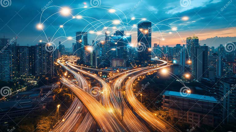 Cityscape with Illuminated Highway Intersections and Digital Network Connections Stock Image ...