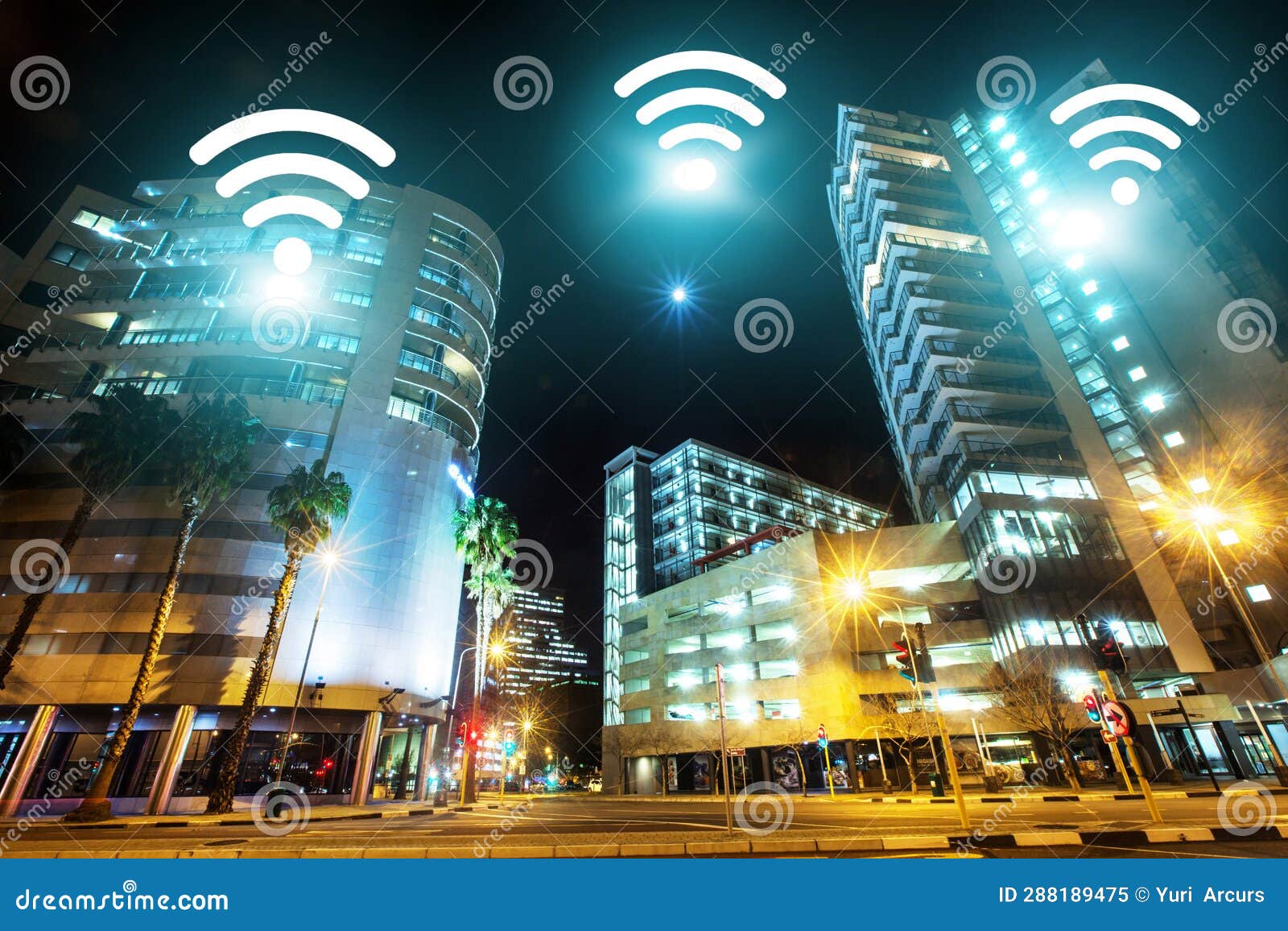 Cityscape, Internet and Night, Wireless Connectivity with Building ...