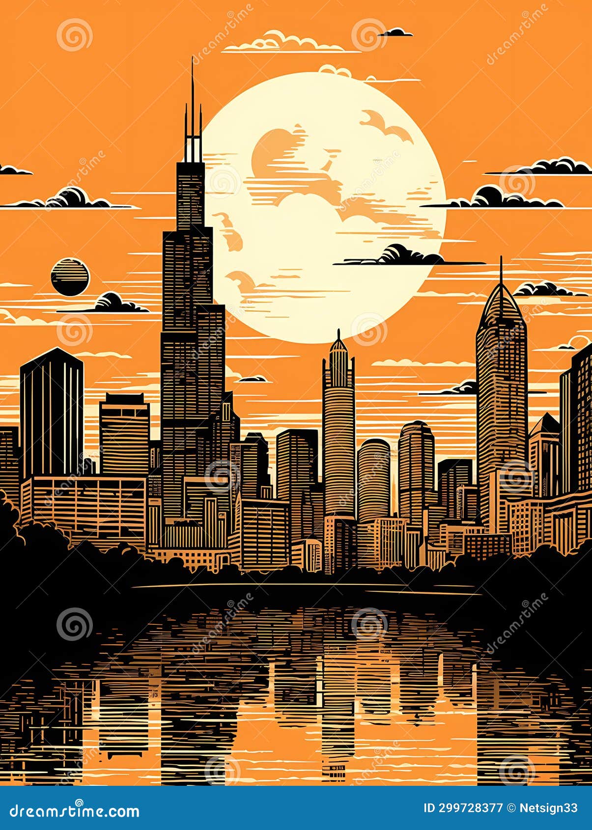 A Cityscape with a Large Moon, Chicago Stock Illustration ...