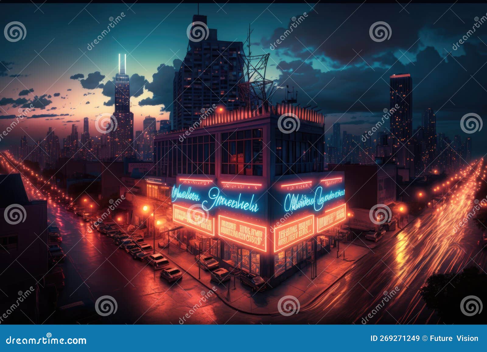 Cityscape with Lit Streets and Neon on Building, Created Using ...