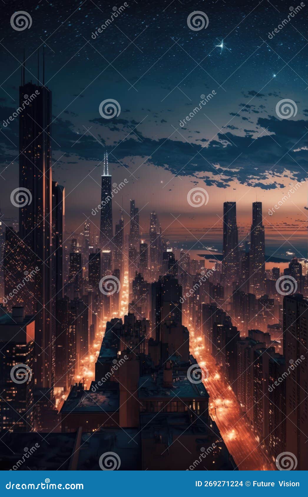 Cityscape with Lit Streets with Stars and Clouds, Created Using ...