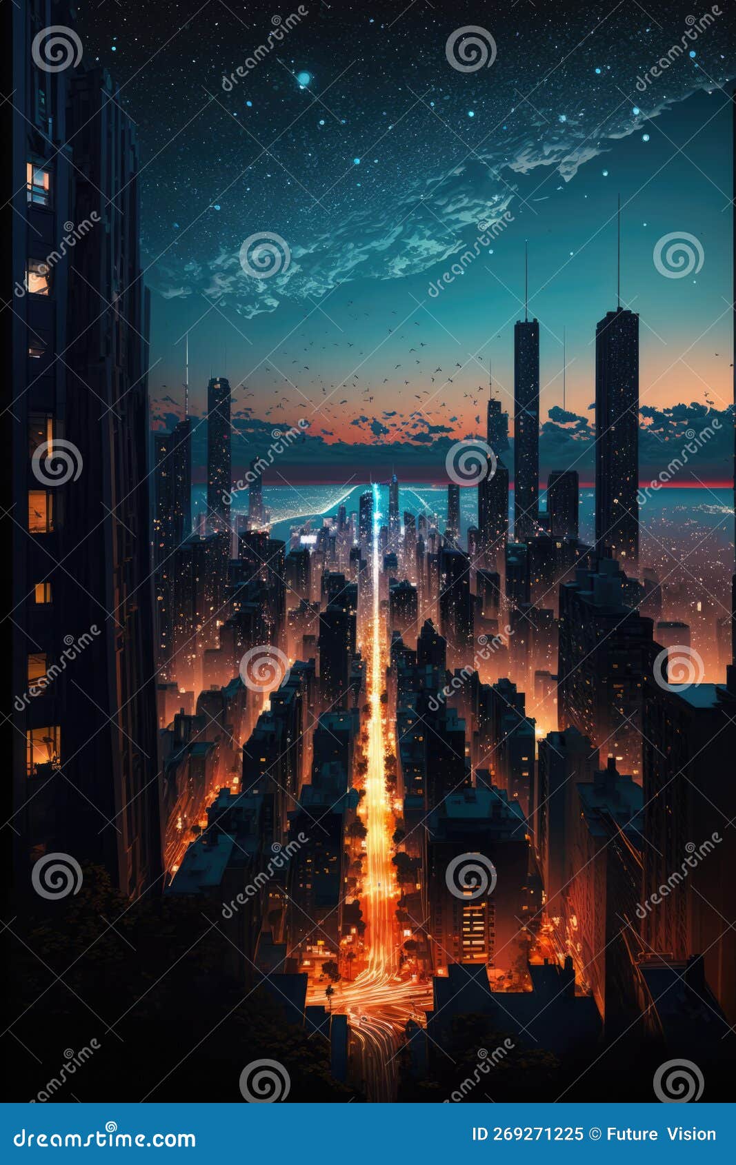 Cityscape with Lit Streets with Stars and Clouds, Created Using ...