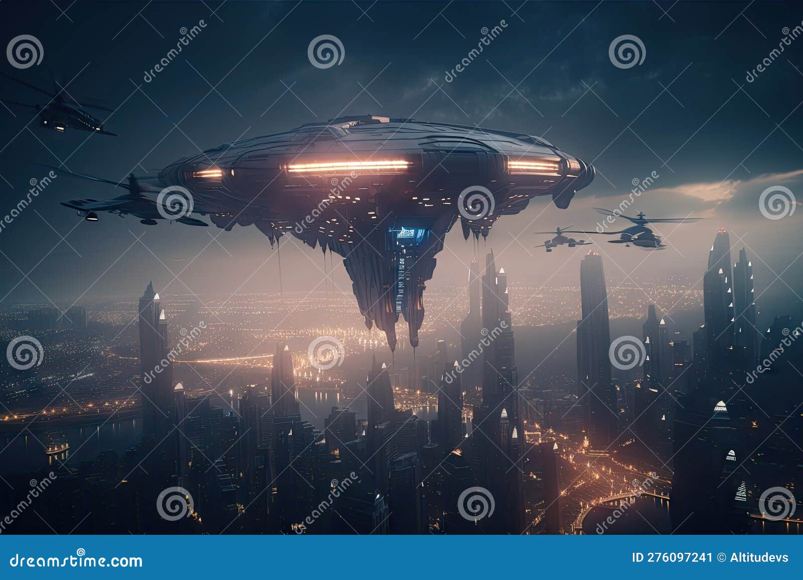 Cityscape with Massive Spaceship Hovering Above, Ready To Take Off ...