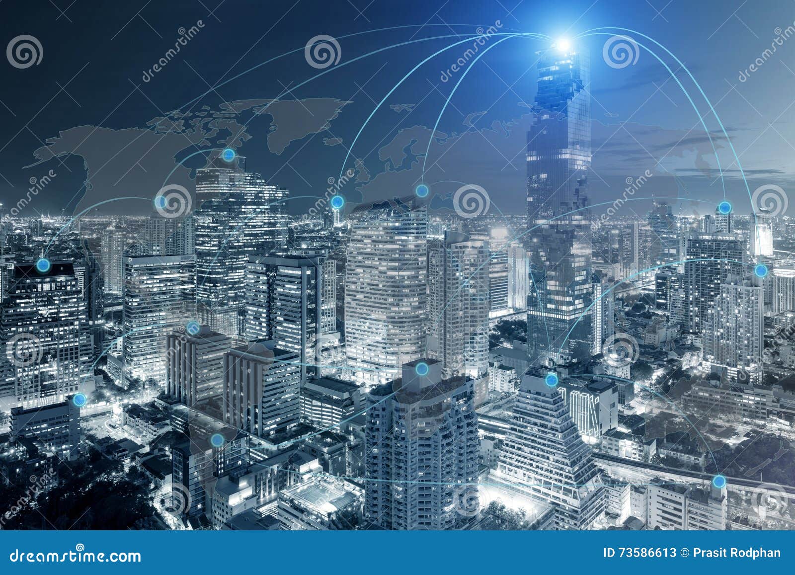 Cityscape and Network Connection with World Map Stock Image - Image of ...