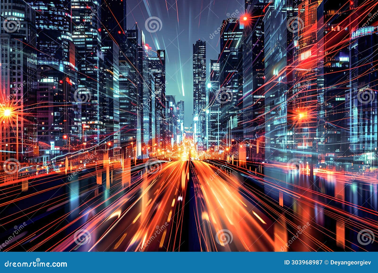 A Cityscape at Night with High-tech Lighting Effects Stock Illustration ...