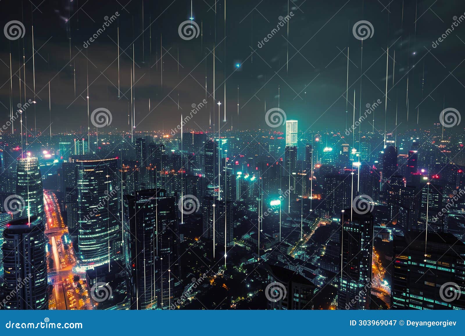 A Cityscape at Night with High-tech Lighting Effects Stock Illustration ...