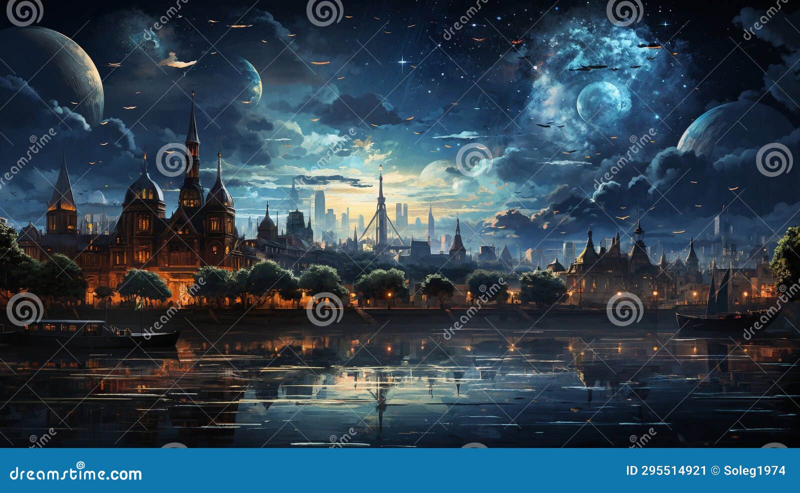 Cityscape at Night, Street Lights Reflected in Water, Random People ...