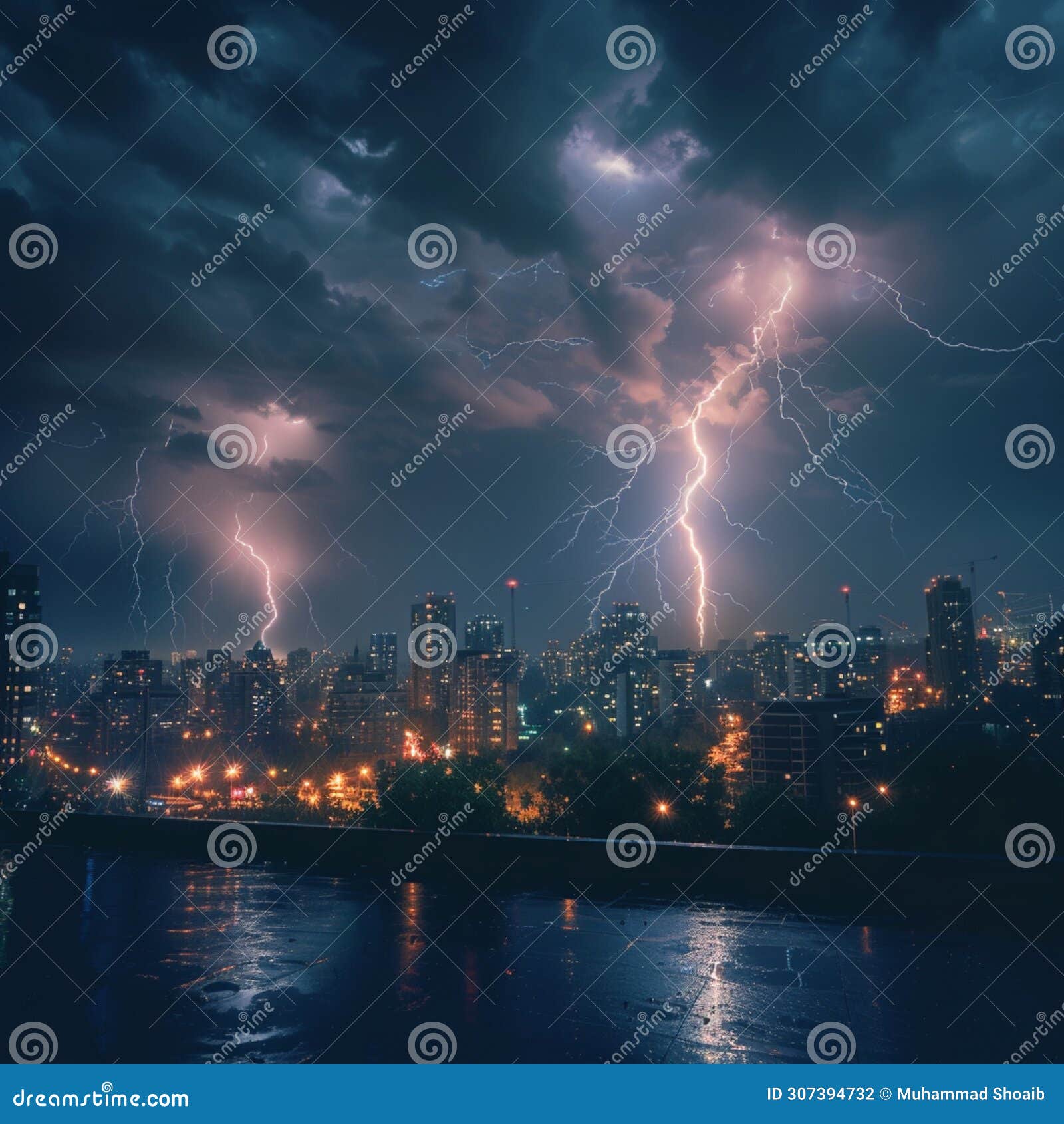 Cityscape at Night with Two Lightning Strikes Creating Dramatic Scenery ...