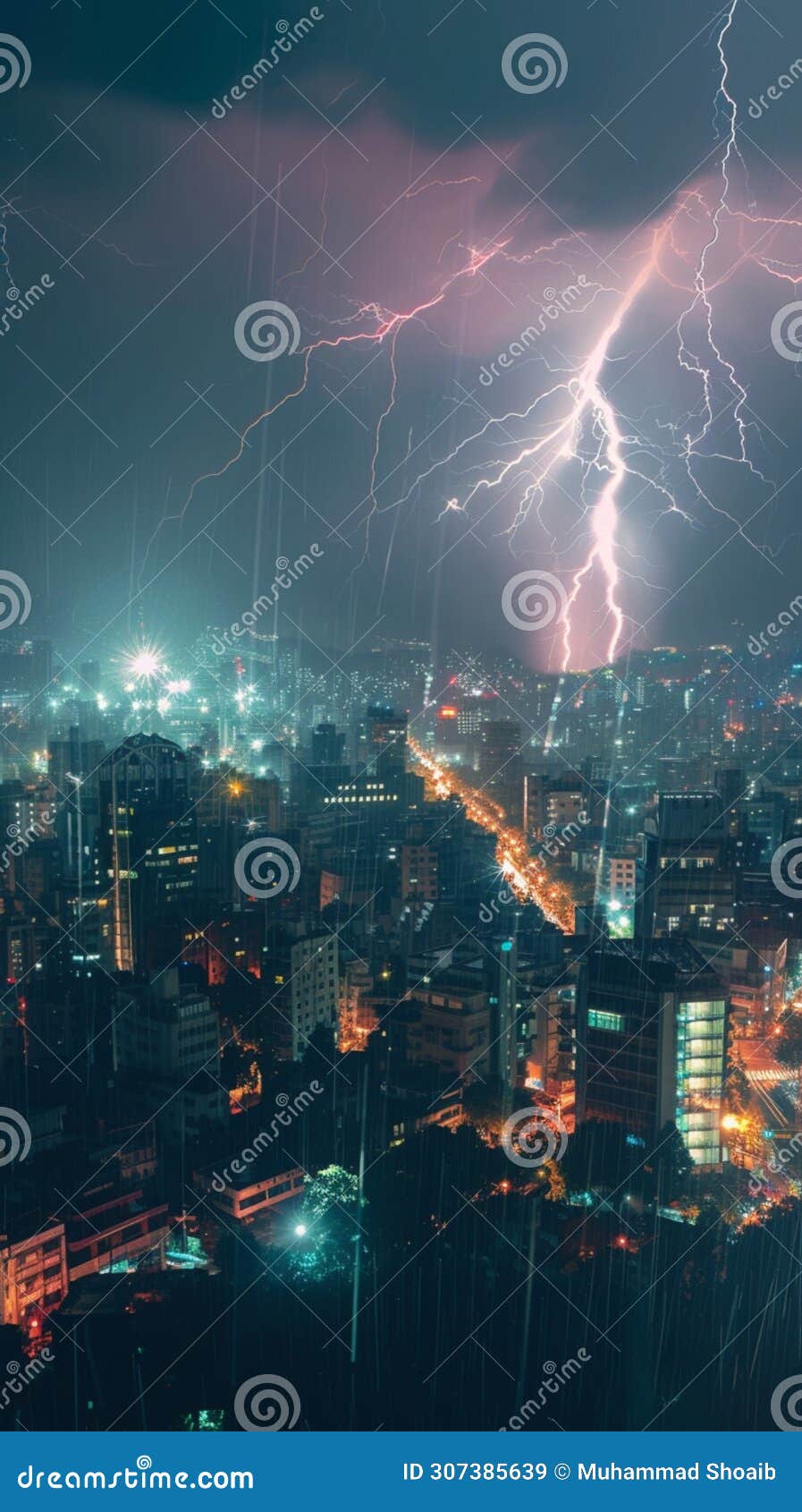 Cityscape at Night with Two Lightning Strikes Creating Dramatic Scenery Stock Illustration ...