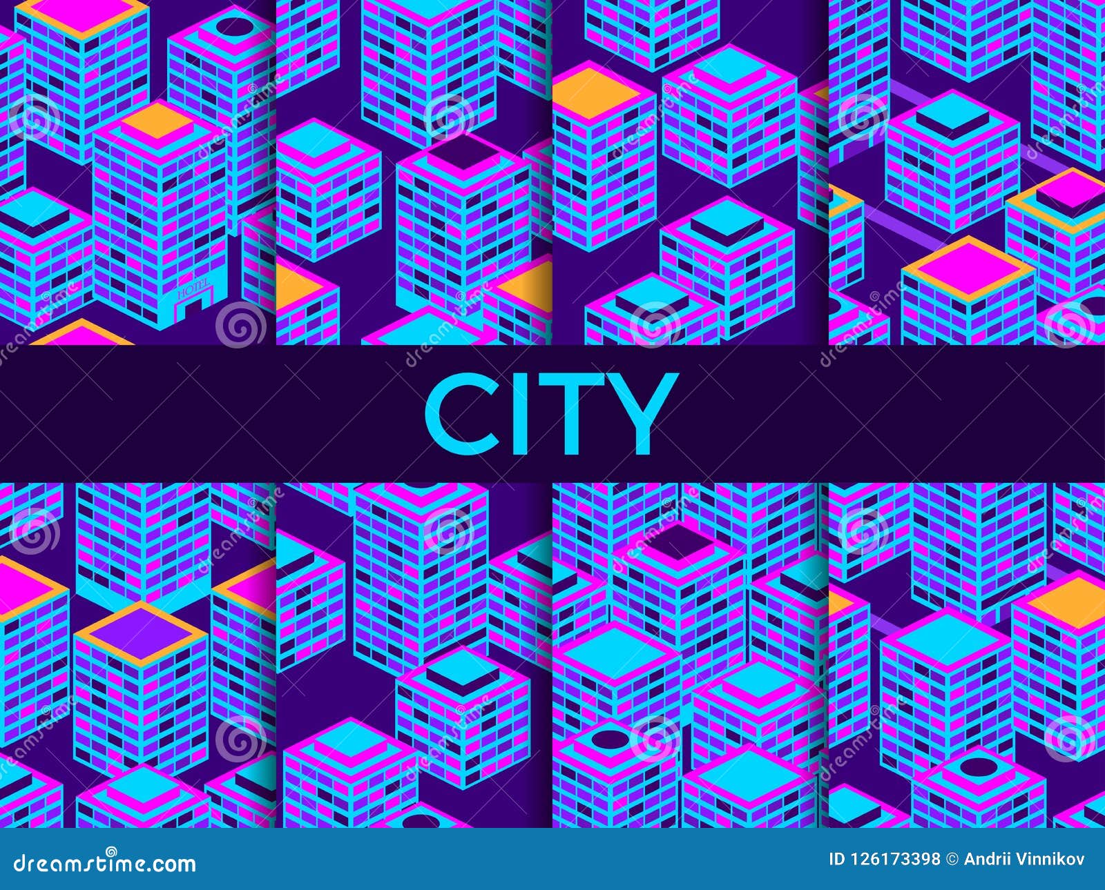 Cityscape Seamless Pattern Set. Isometric Skyscrapers, Metropolis ...