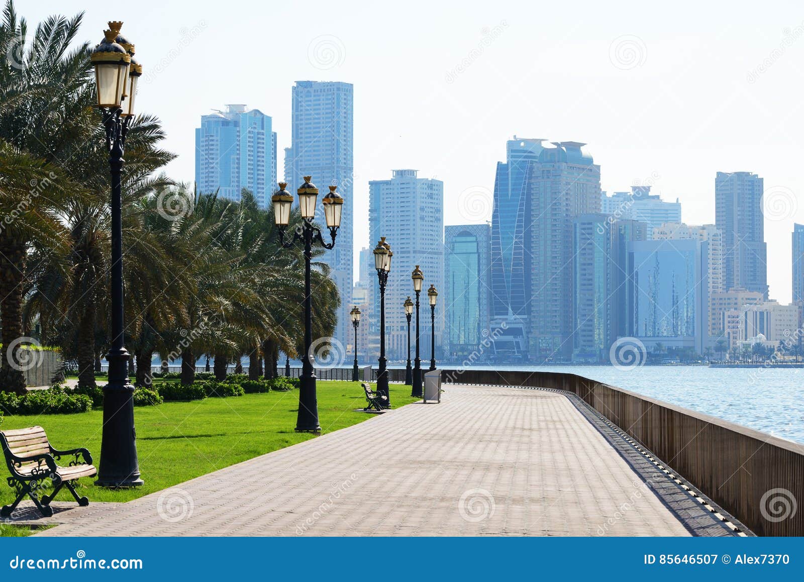 Cityscape of Sharjah from Al Buhaira Corniche, UAE Stock Image - Image ...