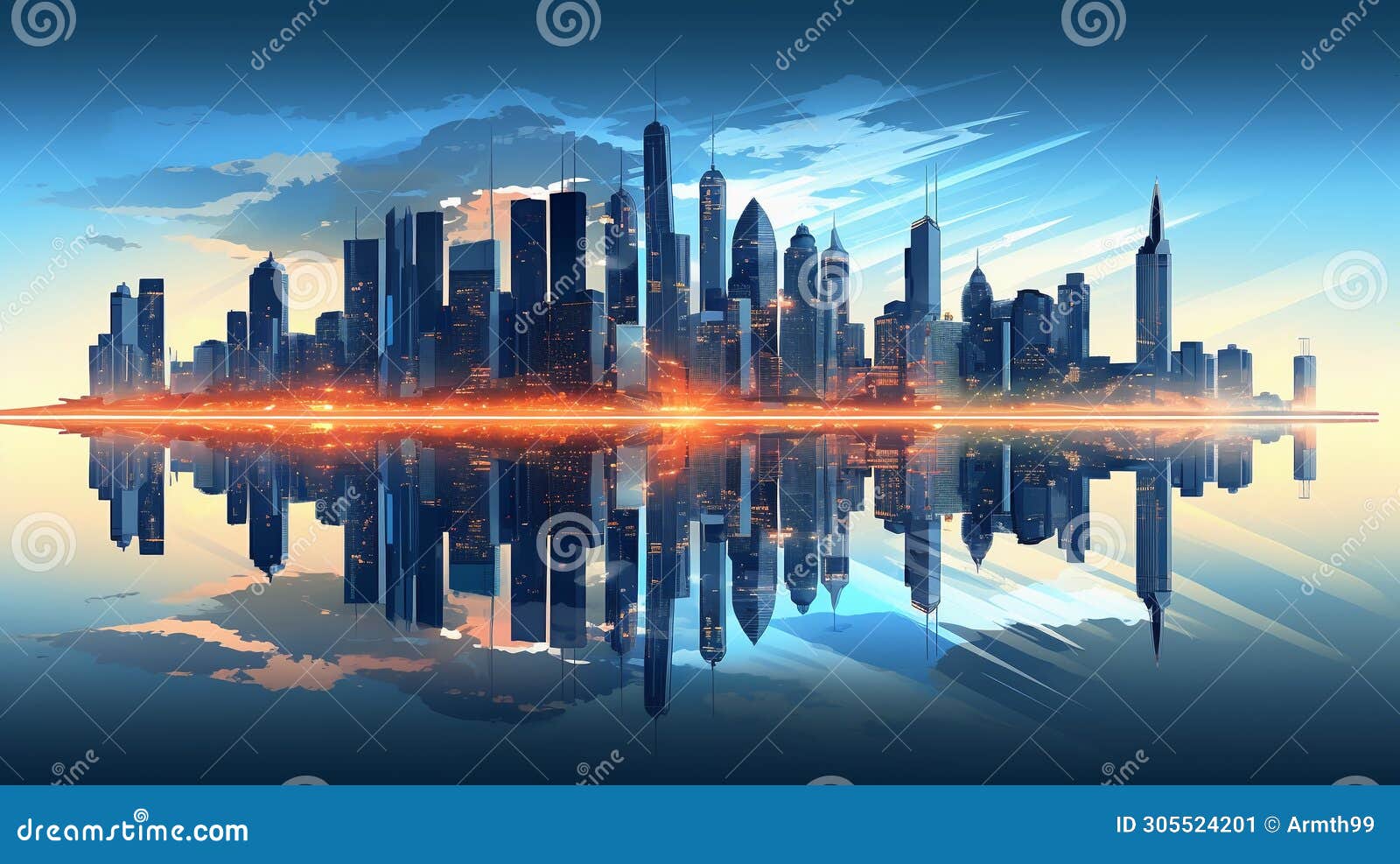 Futuristic Cityscape Skyline with Reflection on Water Stock ...