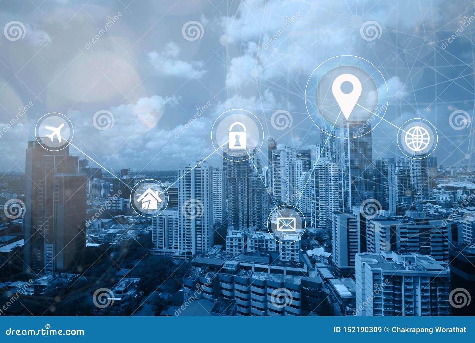 Cityscape Skyline with Smart Services and Icons, Internet and Networks ...