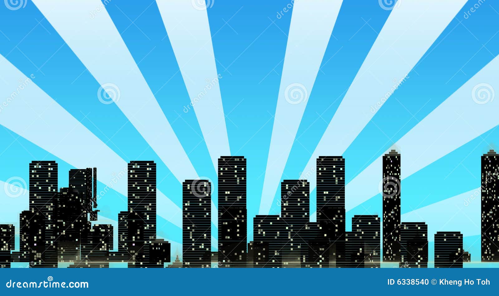Cityscape Skyline with Sun Rays Overshadowing Buil Stock Illustration ...