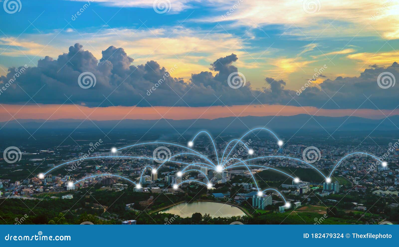 Cityscape in Sunset and Network Connection Stock Photo - Image of ...